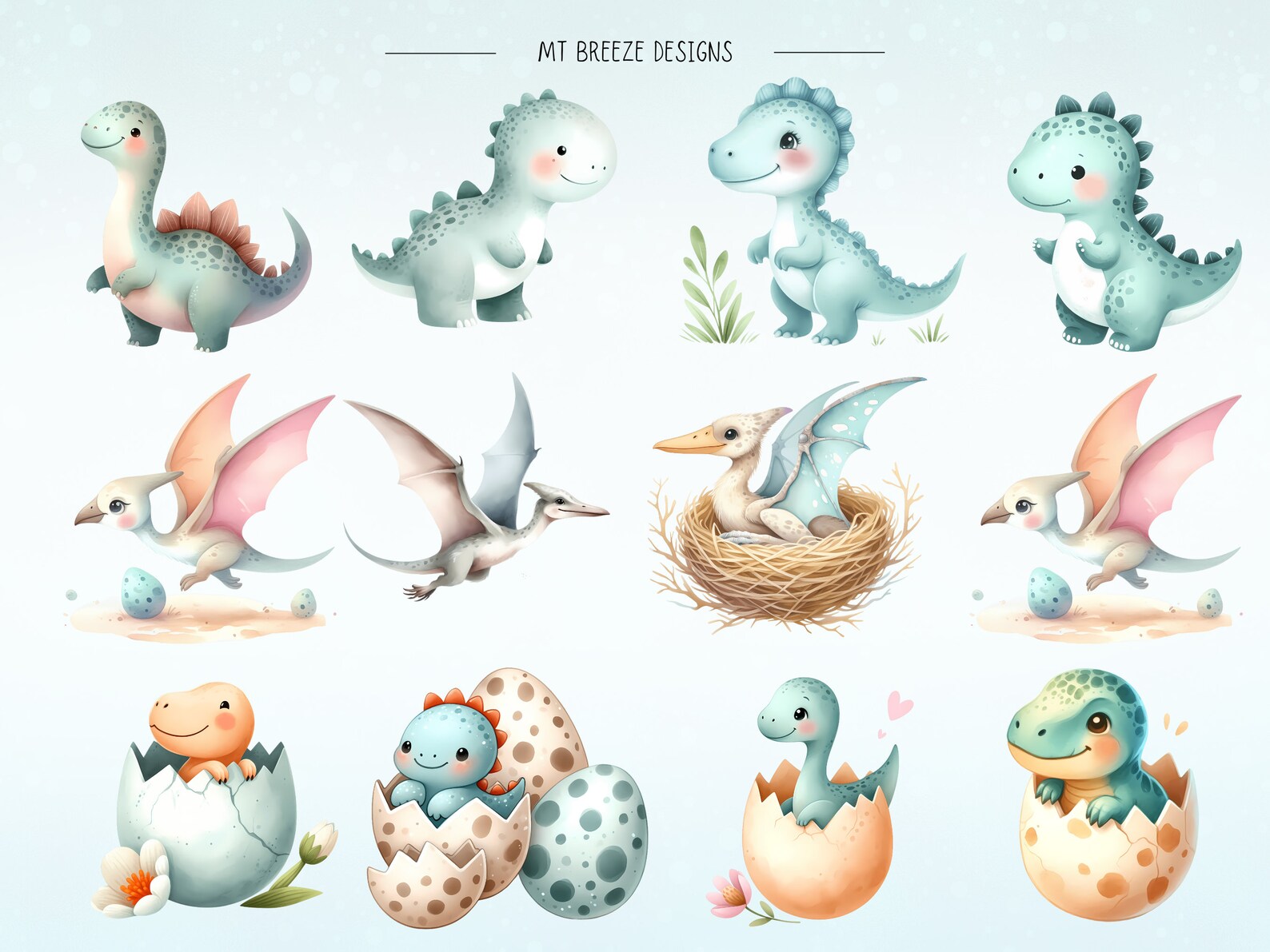 48 Dinosaurs Clipart Set High Resolution Cute Baby Dino Watercolor Clip ...