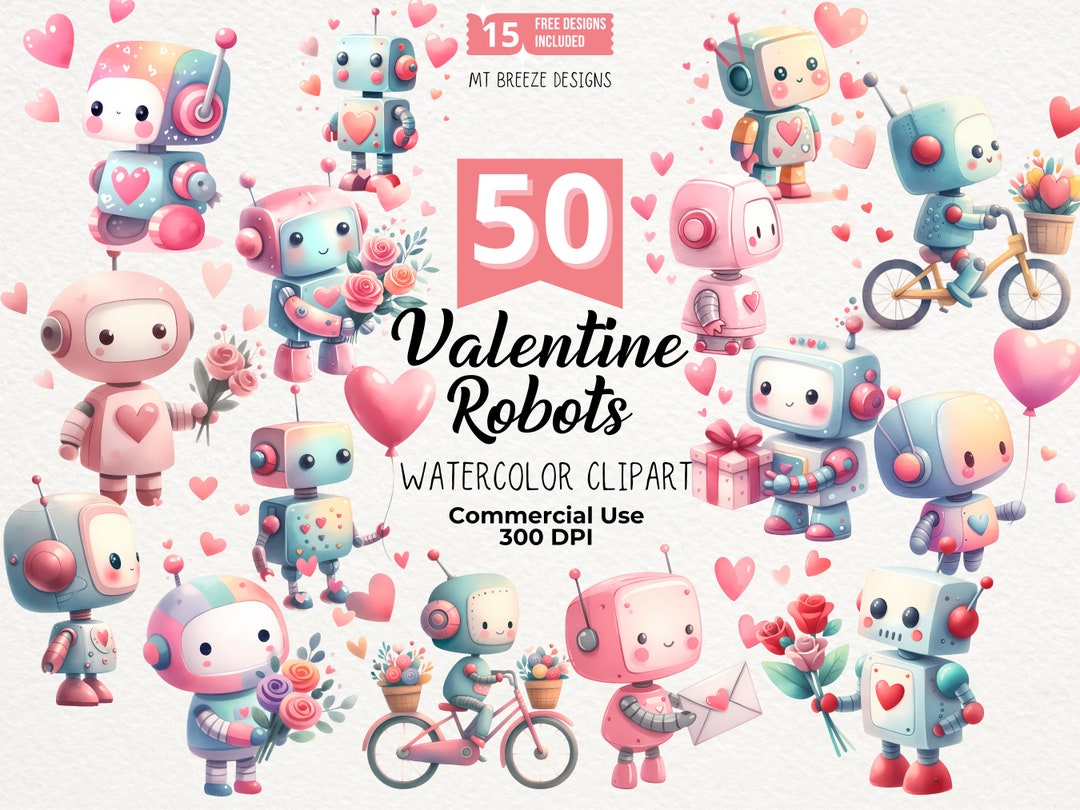50 Valentine Robot Clipart Set - Robot Hearts and Love Clip Art PNG ...