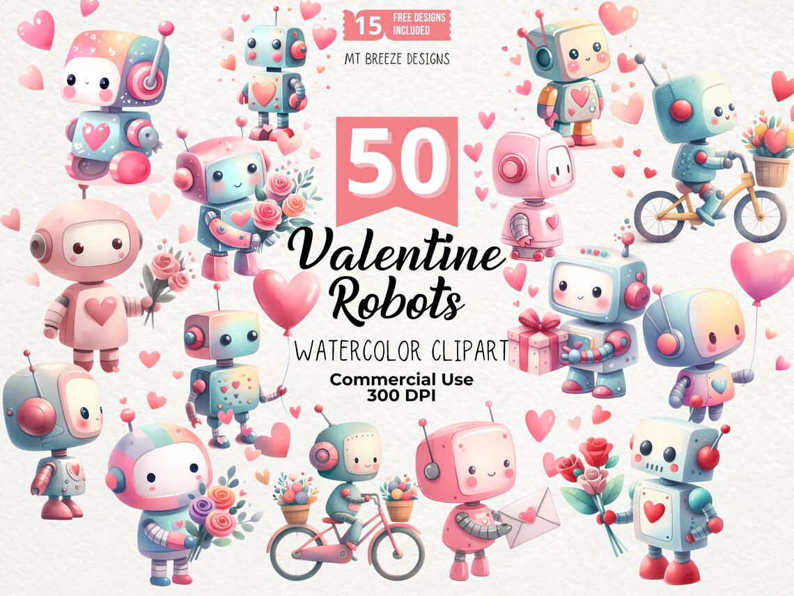 50 Valentine Robot Clipart Set Robot Hearts and Love Clip Art PNG Files ...