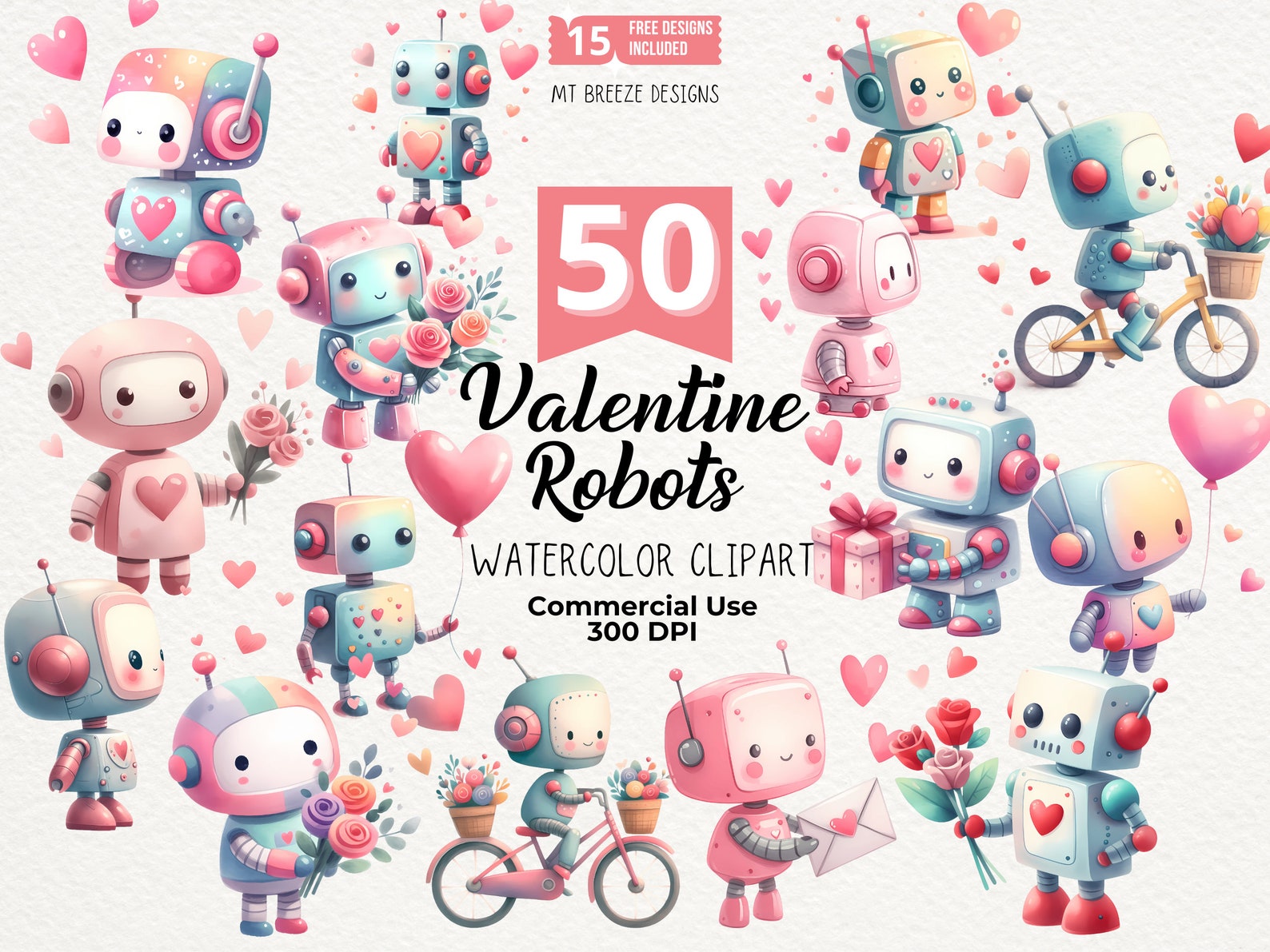 50 Valentine Robot Clipart Set - Robot Hearts and Love Clip Art PNG ...