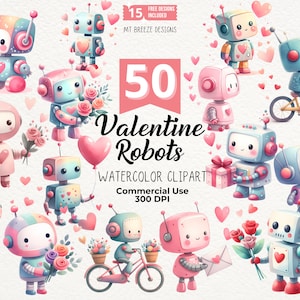 50 Valentine Robot Clipart Set - Robot Hearts and Love Clip Art PNG ...