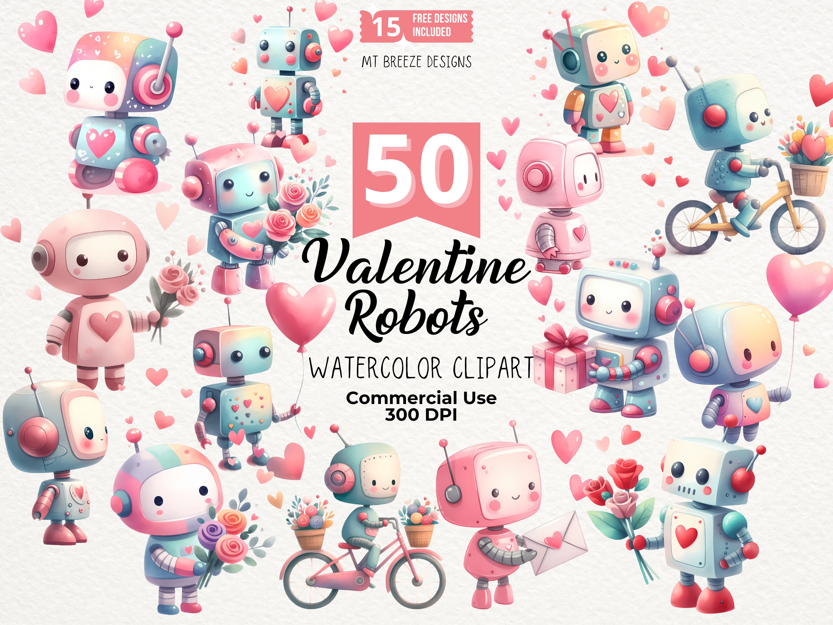 50 Valentine Robot Clipart Set - Robot Hearts and Love Clip Art PNG ...