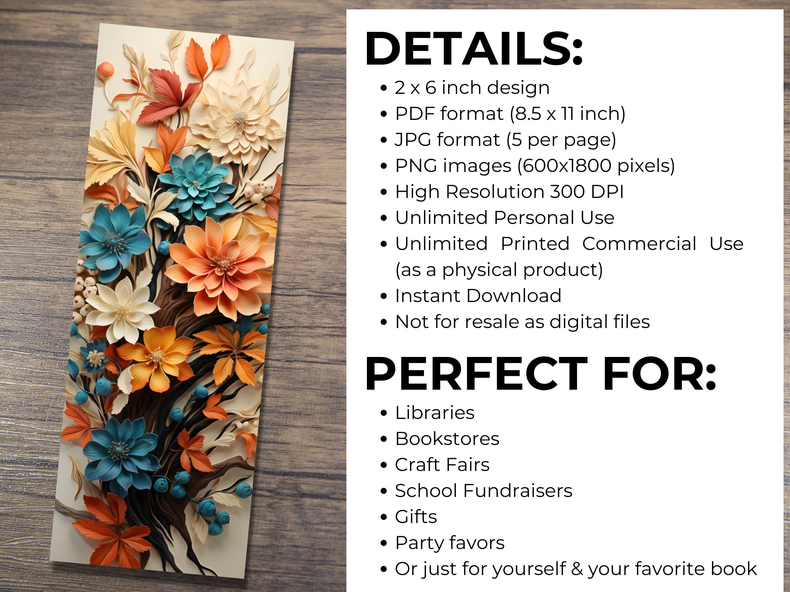 3D Fall Flowers PRINTABLE Bookmarks High Resolution Digital - Etsy