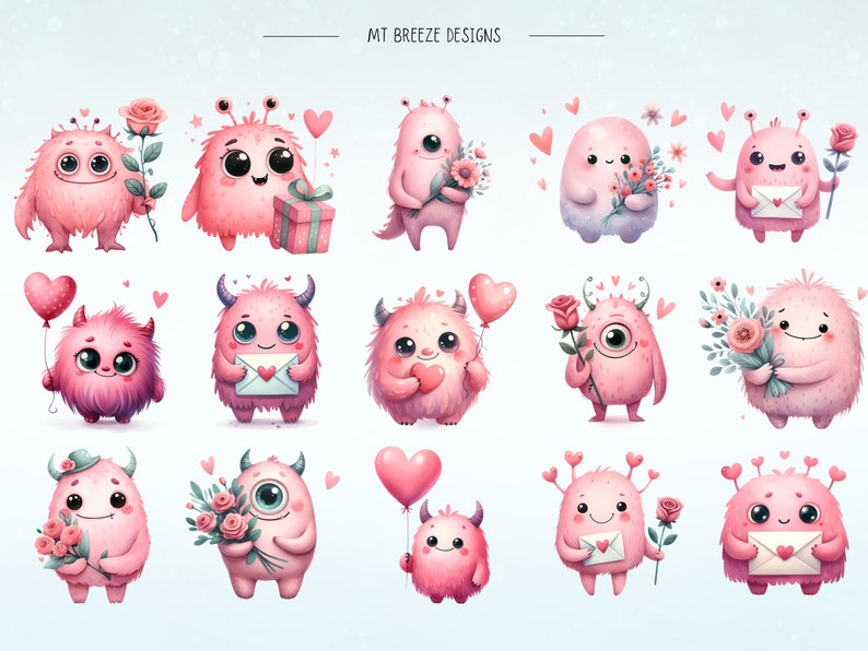 87 Valentine Monsters Watercolor Clipart Set, Cute Whimsical Alien Clip ...
