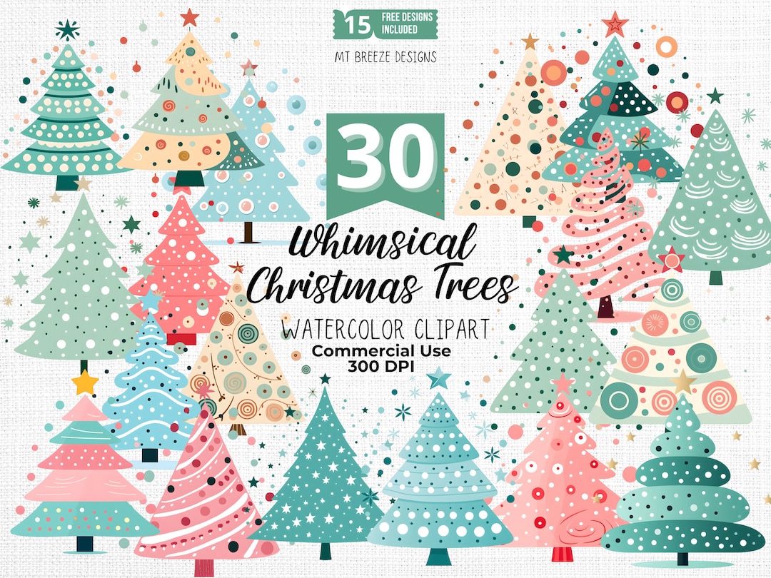 40 Whimsical Christmas Trees Clipart Set - High Resolution Holiday Xmas ...