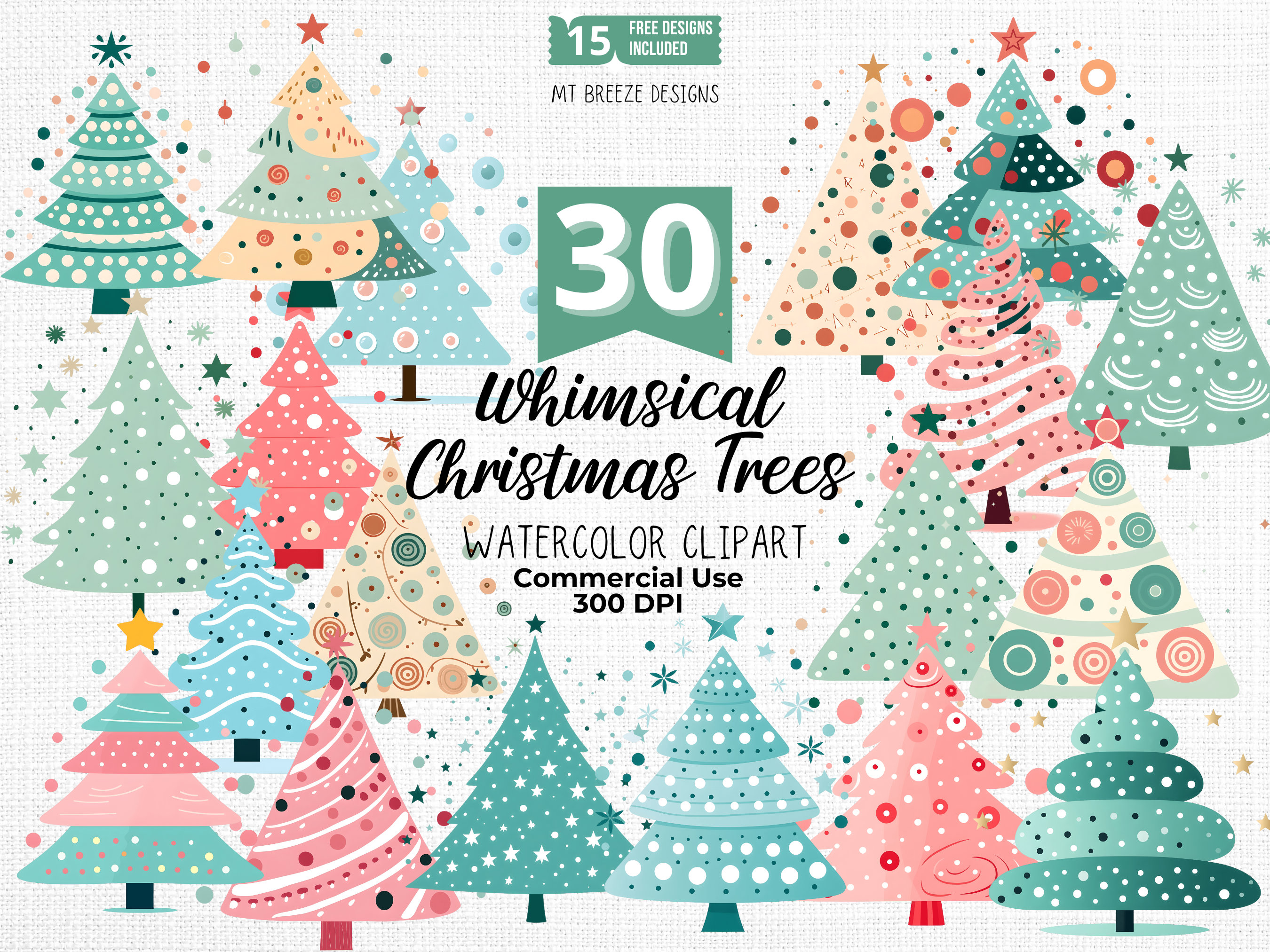 40 Whimsical Christmas Trees Clipart Set High Resolution Holiday Xmas ...