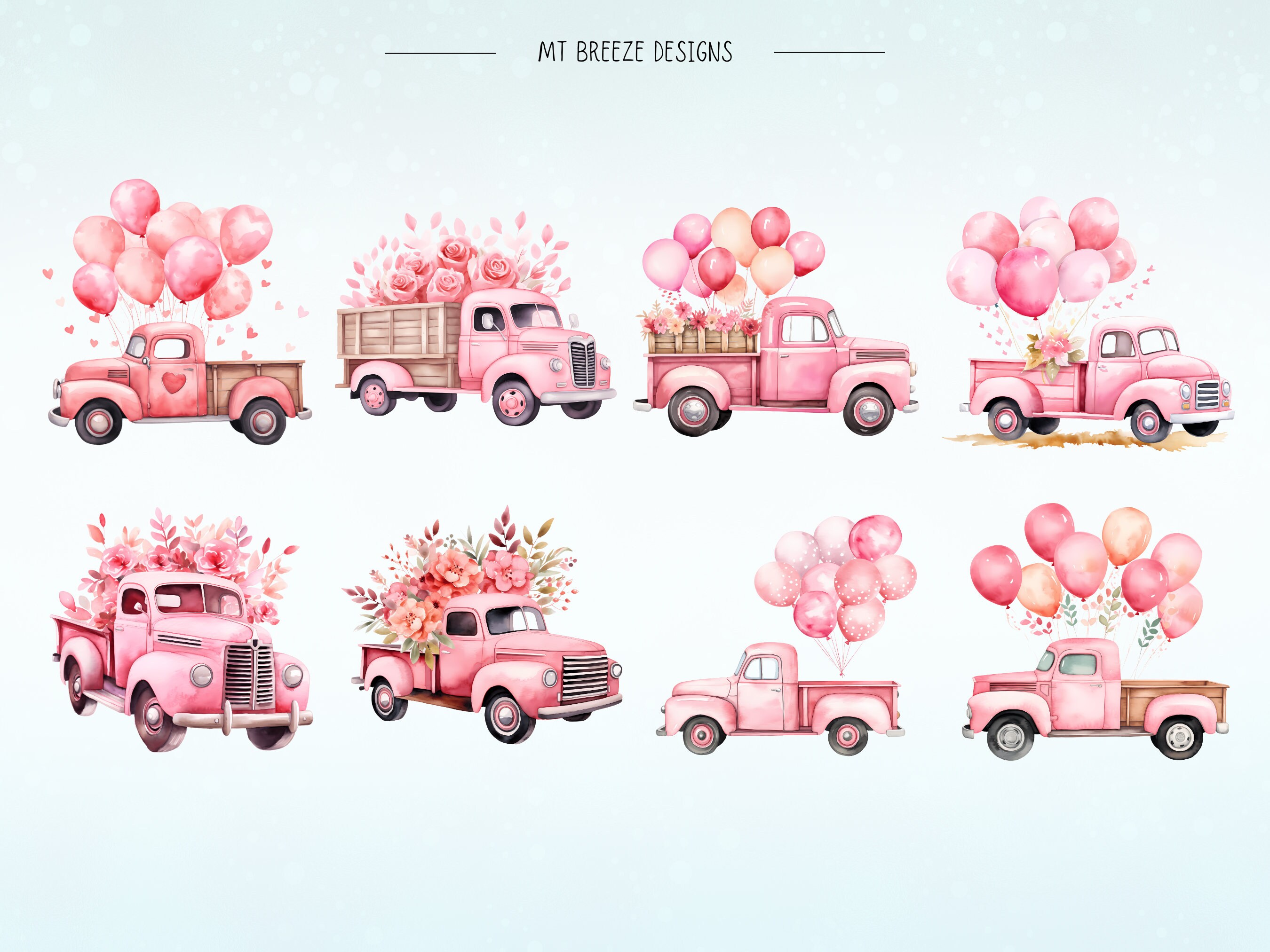 16 Valentine Truck Watercolor Clipart Set, Cute Rustic Truck Clip Art ...