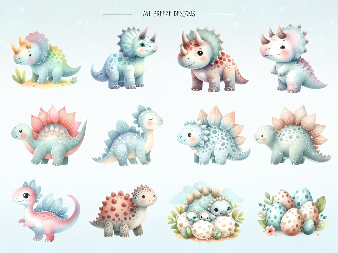 48 Dinosaurs Clipart Set High Resolution Cute Baby Dino Watercolor Clip ...