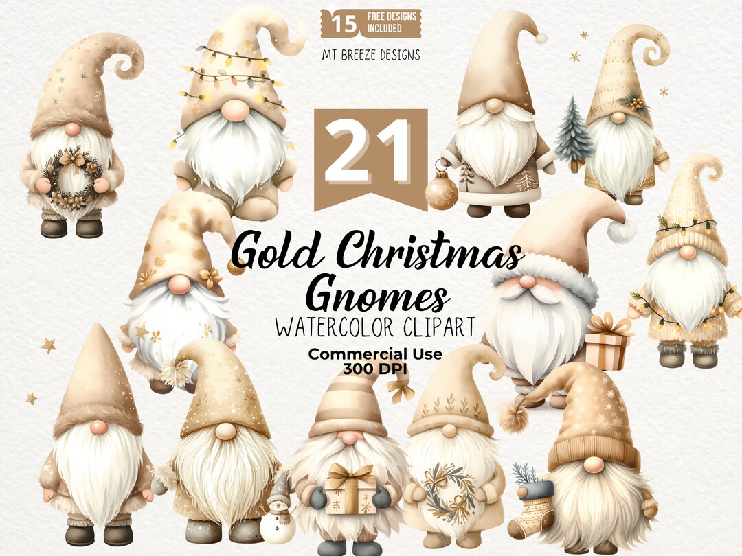 21 Gold Christmas Gnomes Clipart Set - High Resolution Gold Xmas Gnome ...