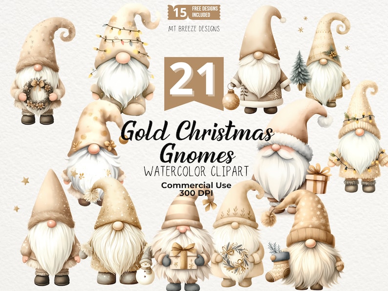 21 Gold Christmas Gnomes Clipart Set - High Resolution Gold Xmas Gnome ...