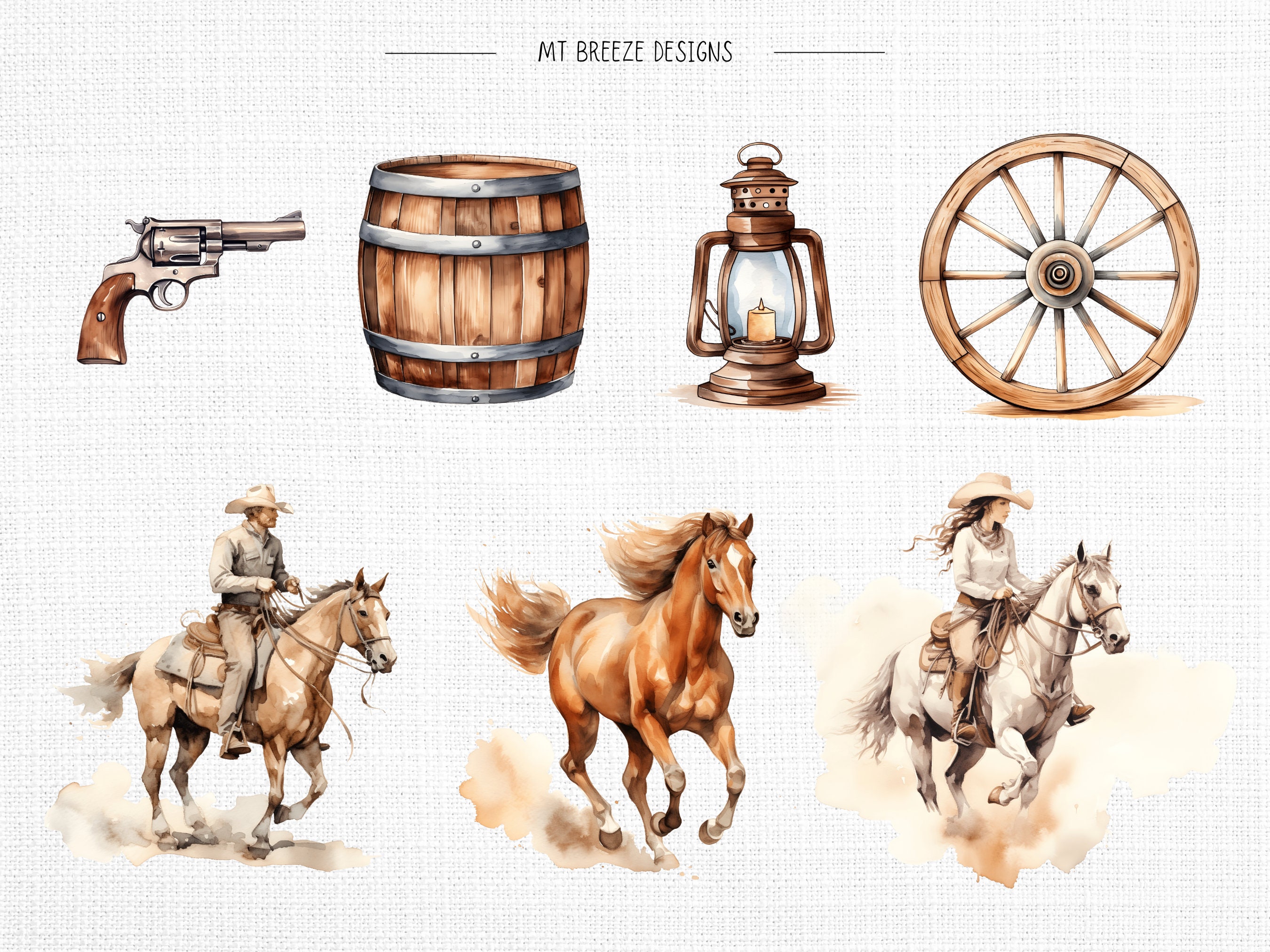 Western Watercolor Clipart Set - High Resolution Cowboy, Horse, Cowgirl ...