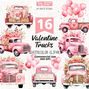 16 Valentine Truck Watercolor Clipart Set, Cute Rustic Truck Clip Art ...