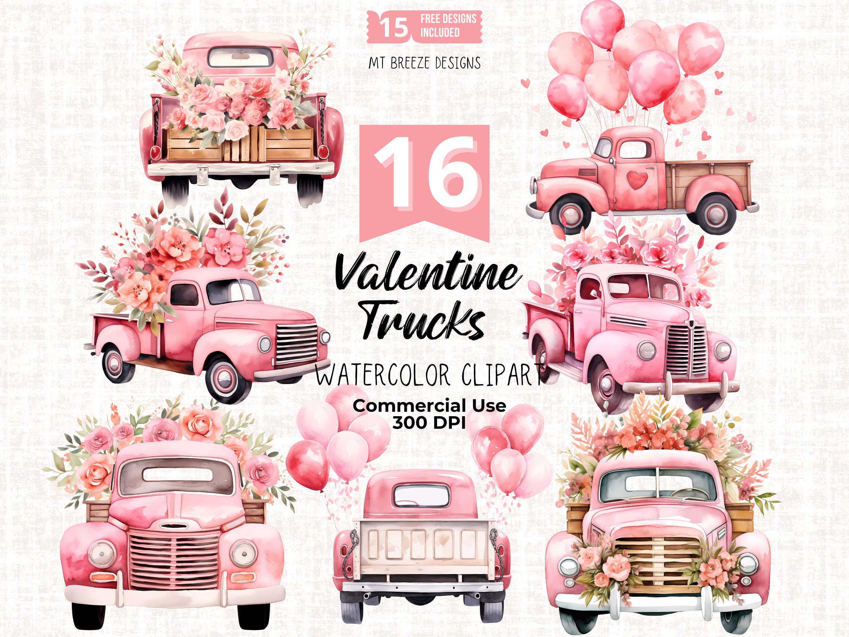 16 Valentine Truck Watercolor Clipart Set, Cute Rustic Truck Clip Art ...