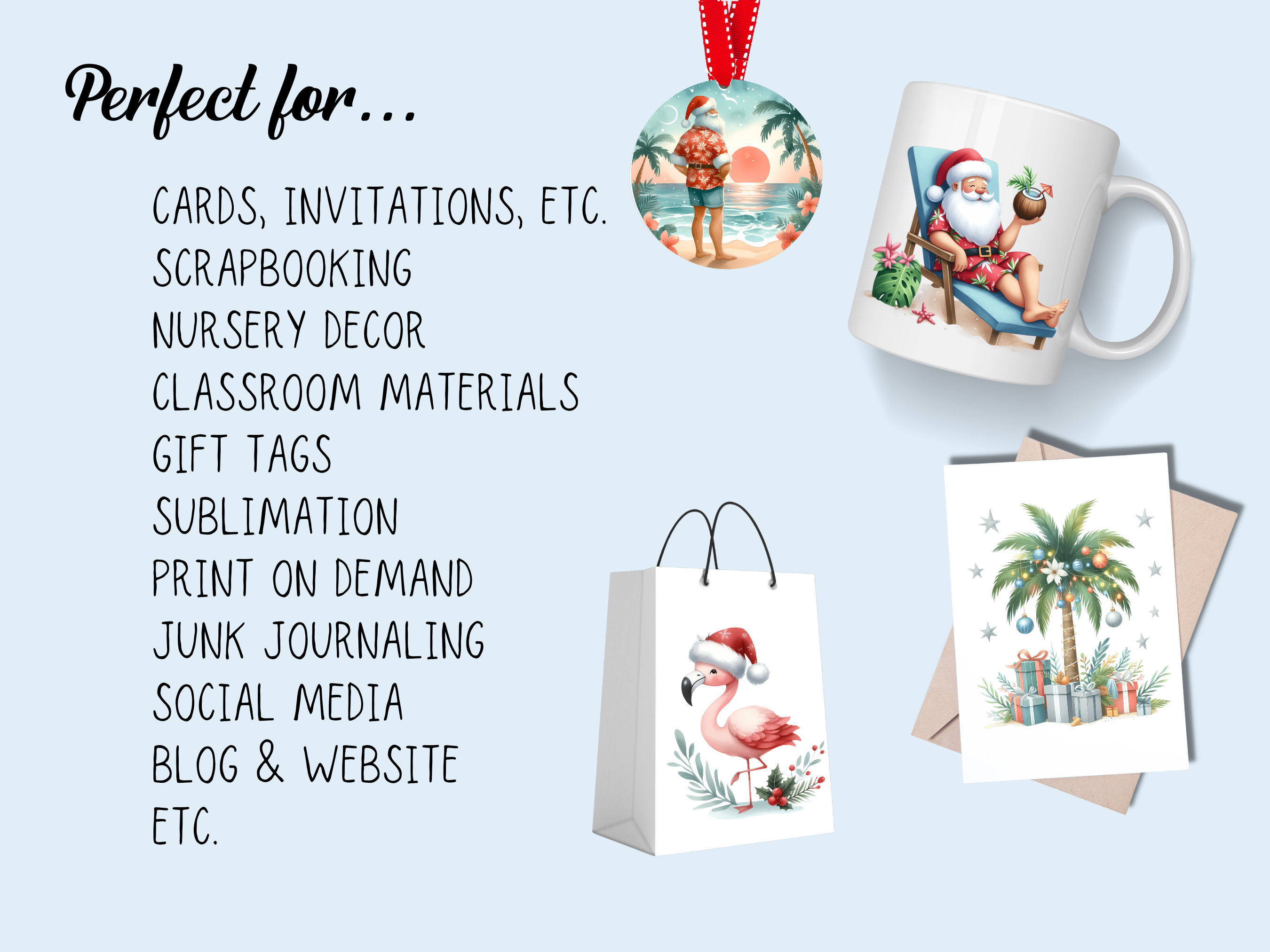 23 Tropical Christmas Clipart Set - High Resolution Surfing Santa Beach ...