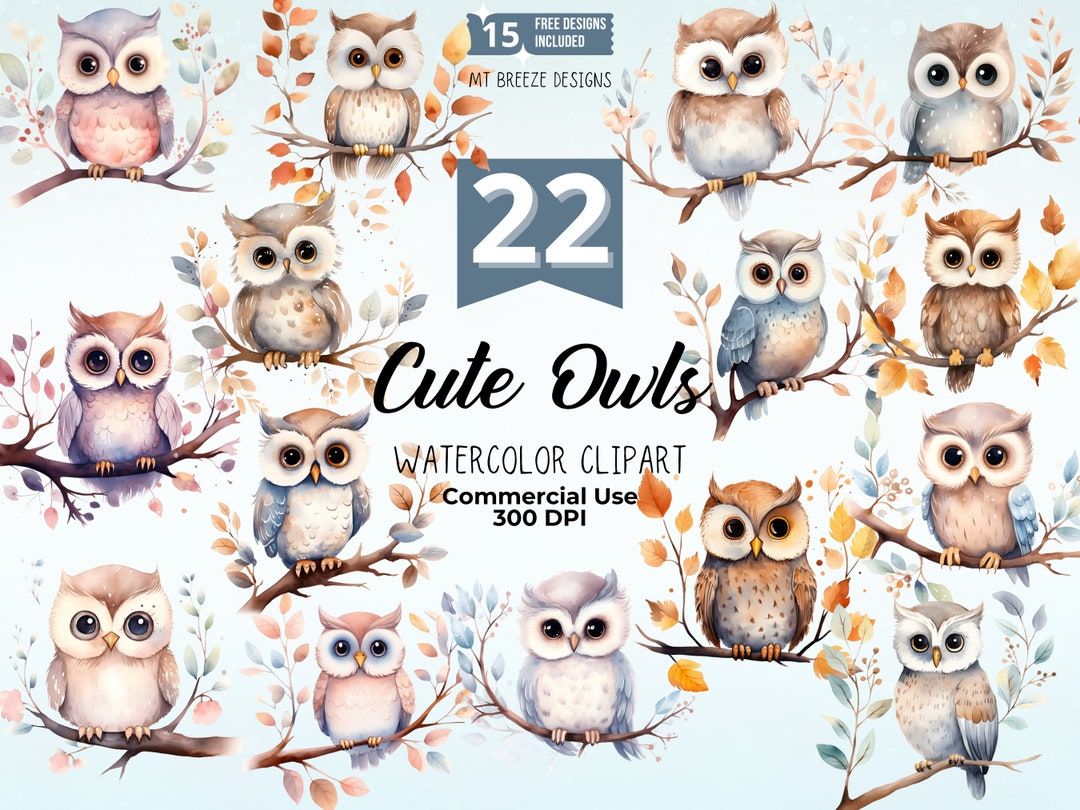 25 Cute Owls Watercolor Clipart Set, High Resolution Leaves and Owl ...