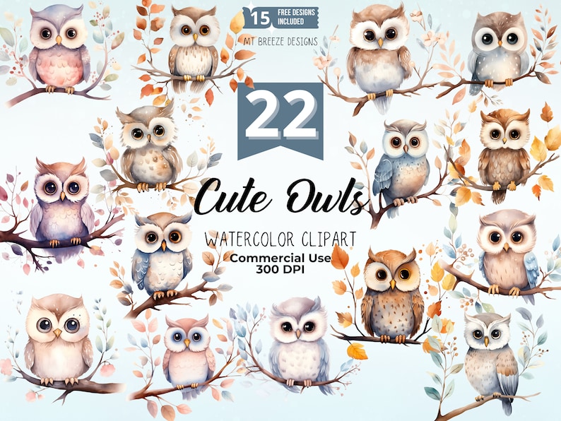 25 Cute Owls Watercolor Clipart Set, High Resolution Leaves and Owl ...