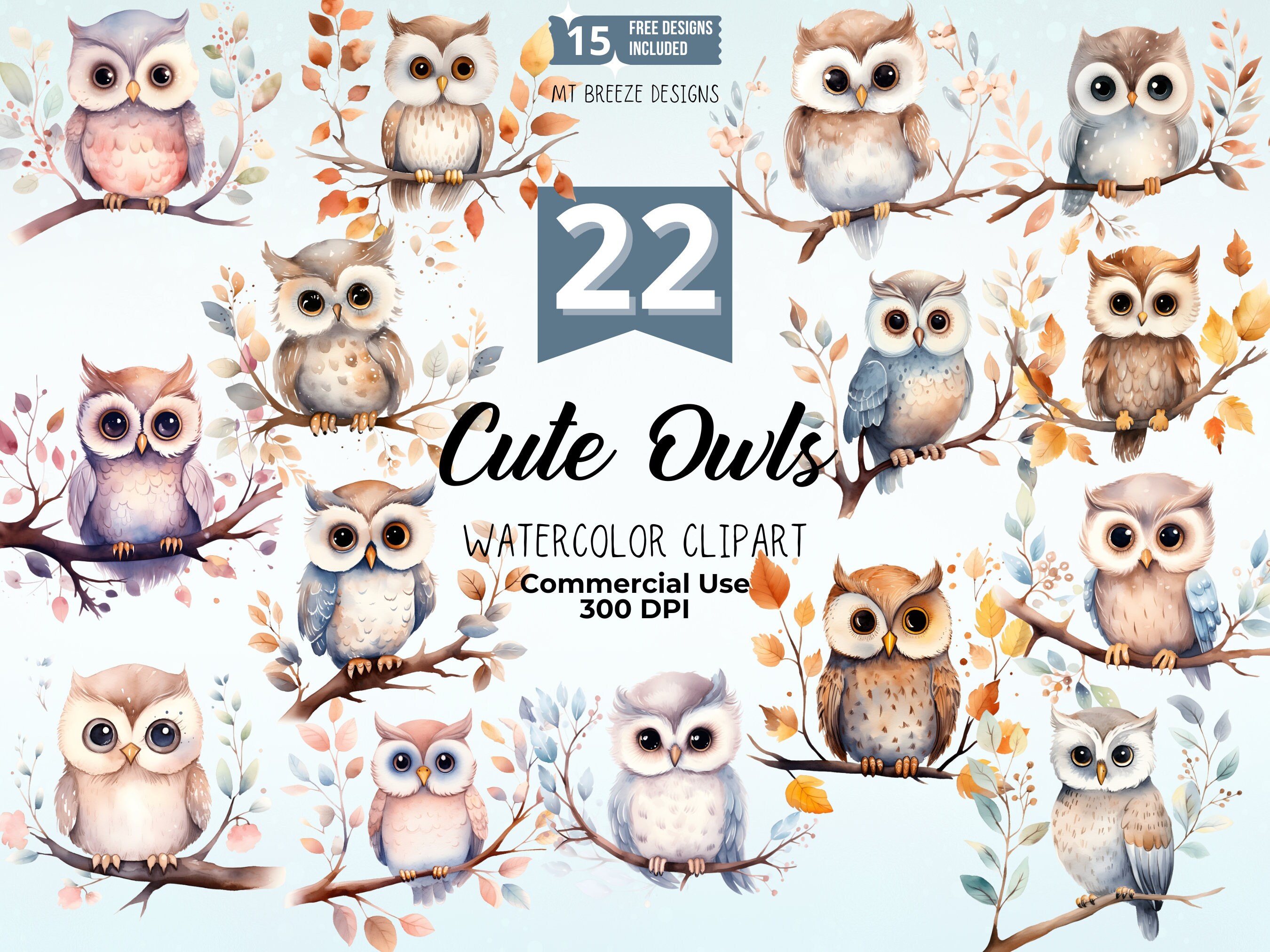25 Cute Owls Watercolor Clipart Set High Resolution Leaves - Etsy