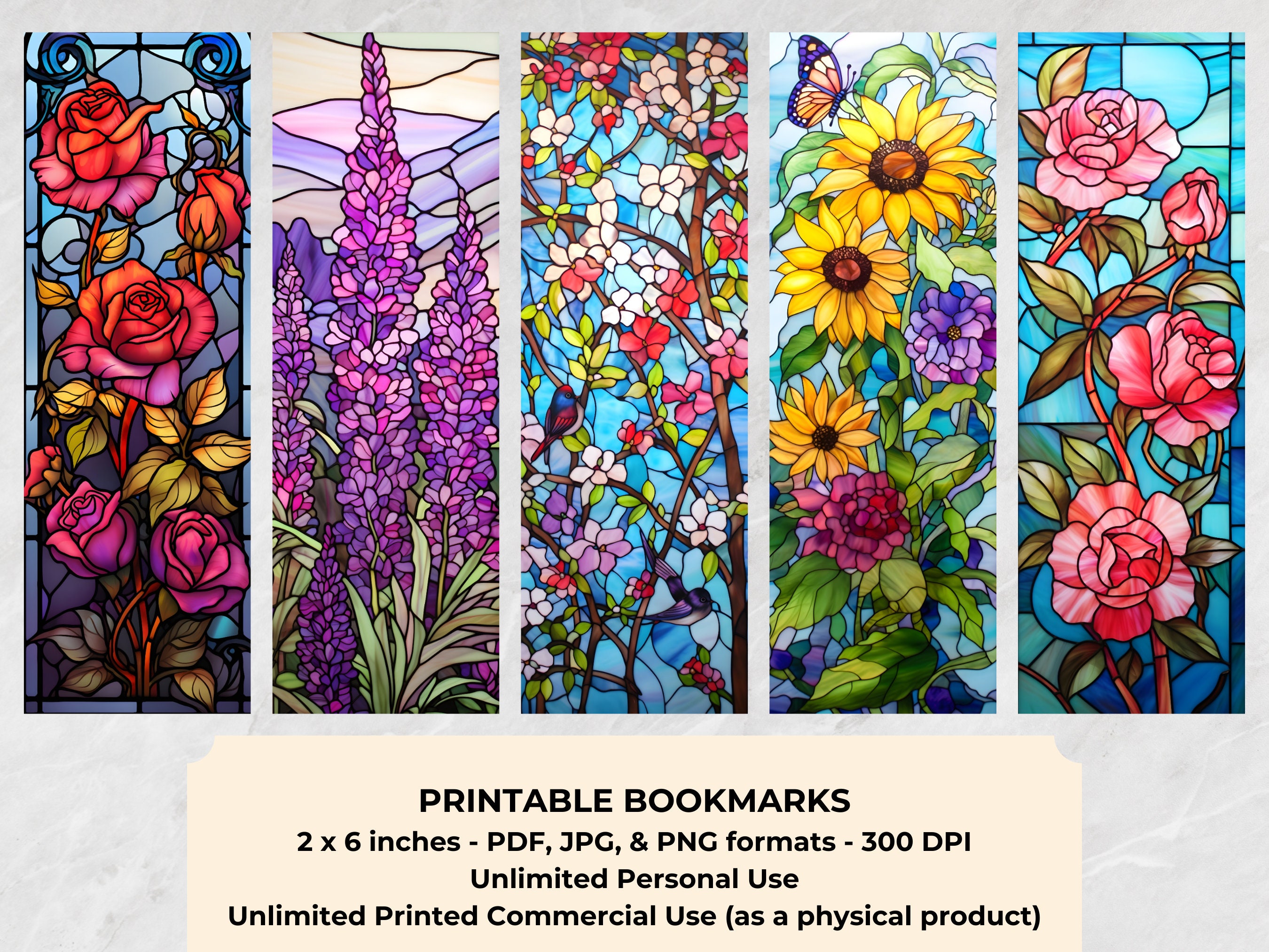 Stained Glass Flowers PRINTABLE Bookmarks High Resolution - Etsy
