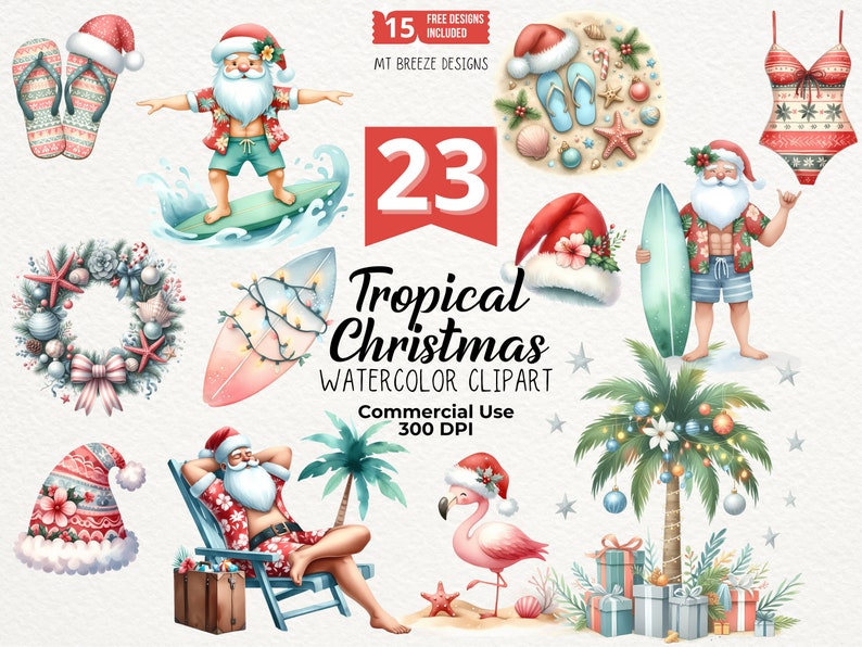 23 Tropical Christmas Clipart Set - High Resolution Surfing Santa Beach ...
