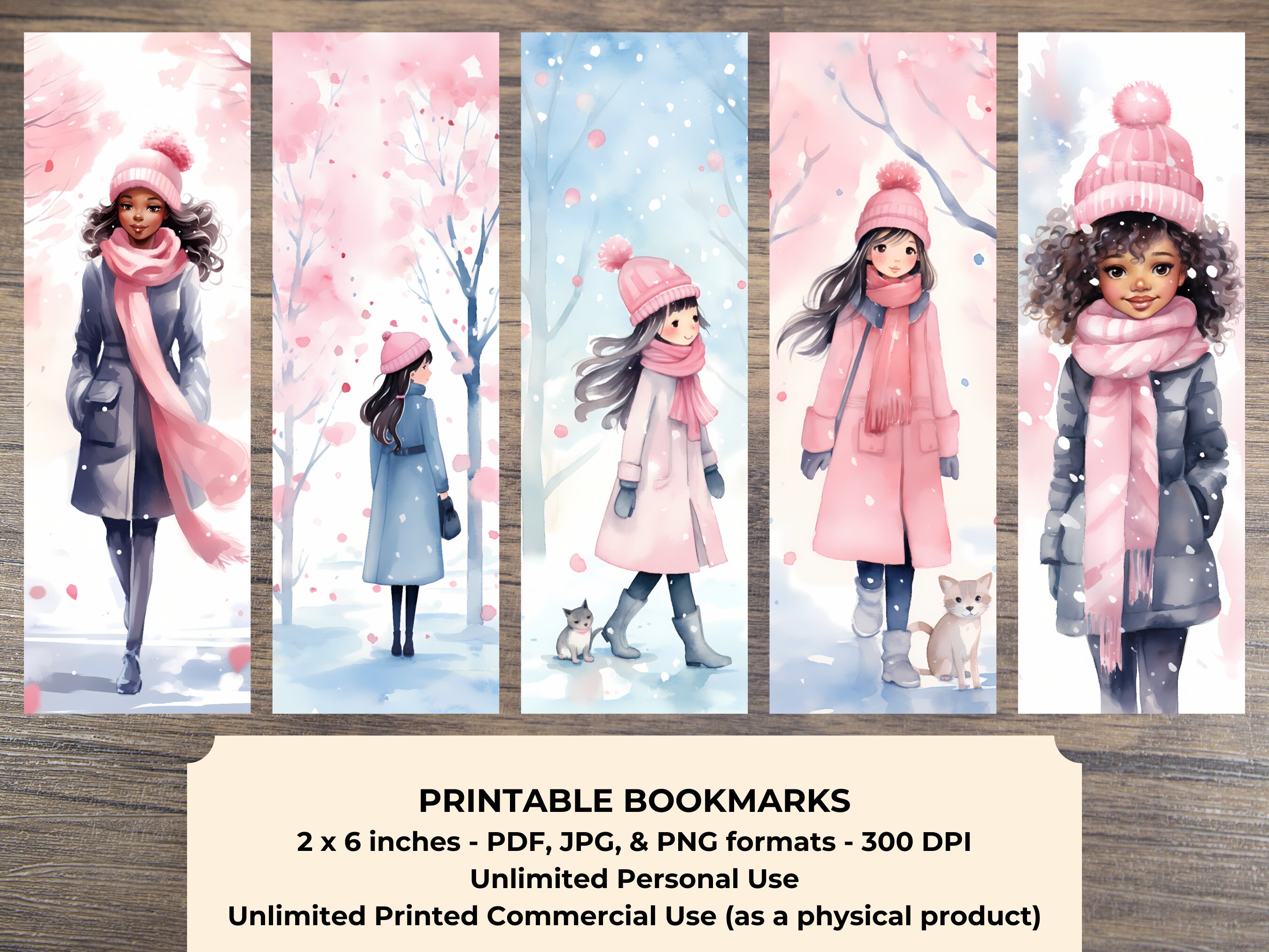 25 Winter Girls in Pink PRINTABLE Bookmarks, High Resolution Digital ...