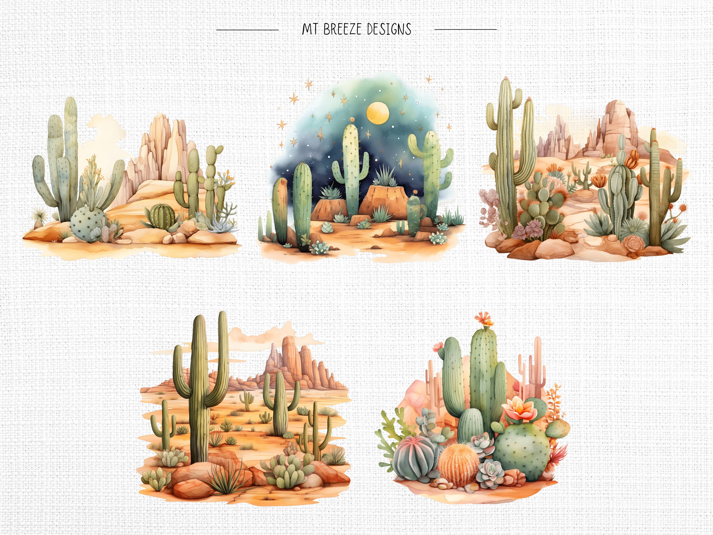 Cactus Desert Landscape Clipart Set High Resolution Cactus Watercolor ...