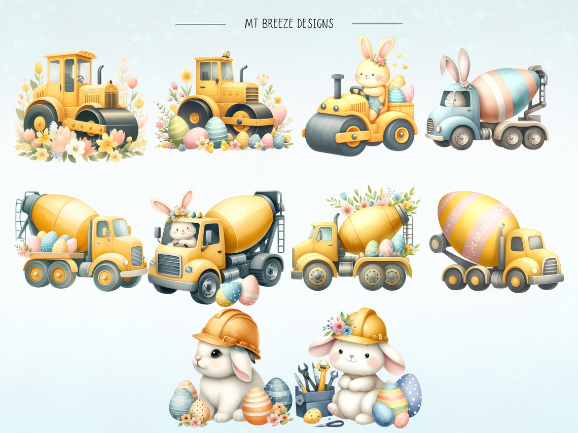 51 Easter Construction Vehicle Clipart Set Spring Excavator, Bunny ...
