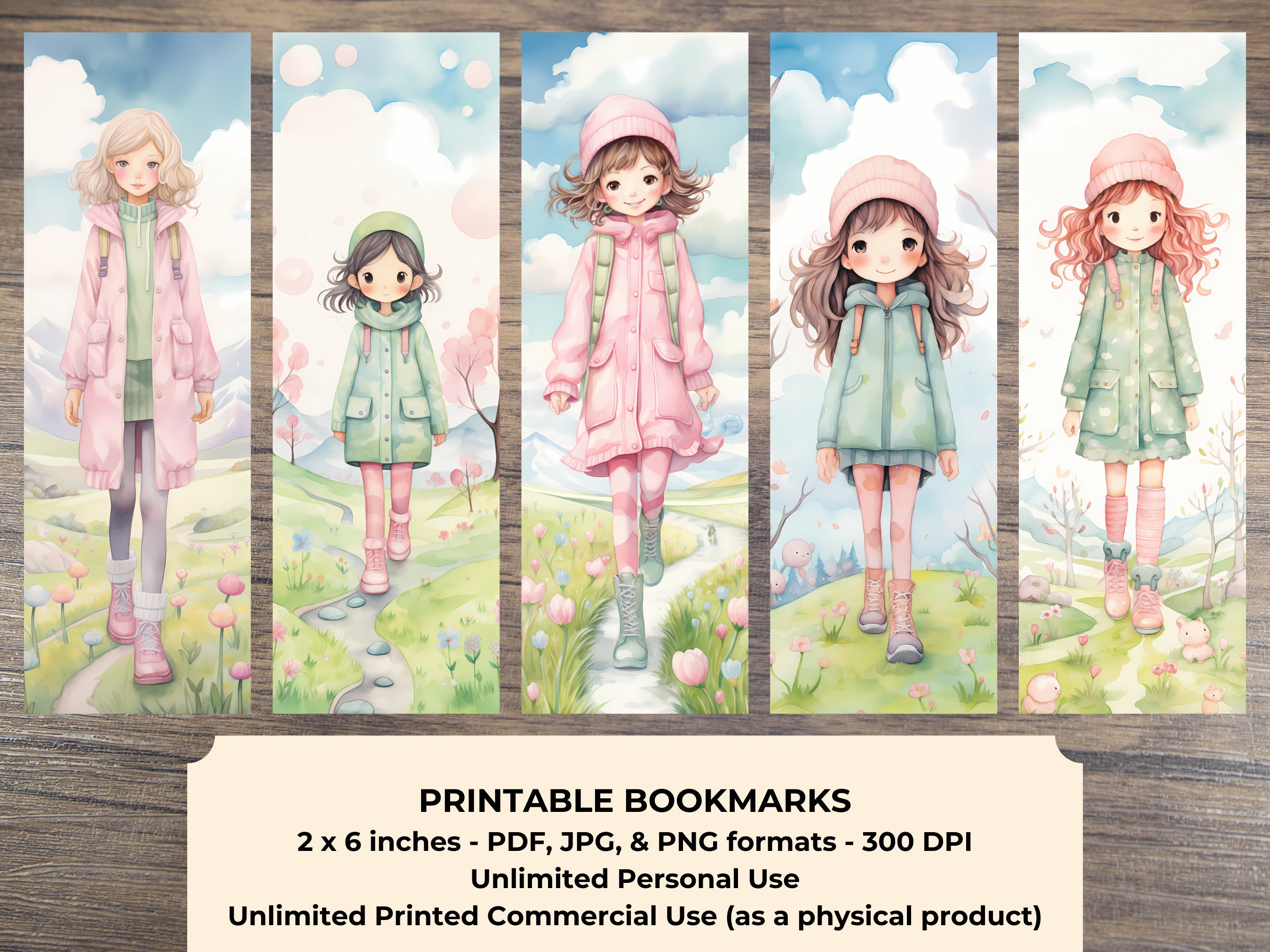Girls in Spring PRINTABLE Bookmarks, Kawaii Spring Digital Download JPG ...