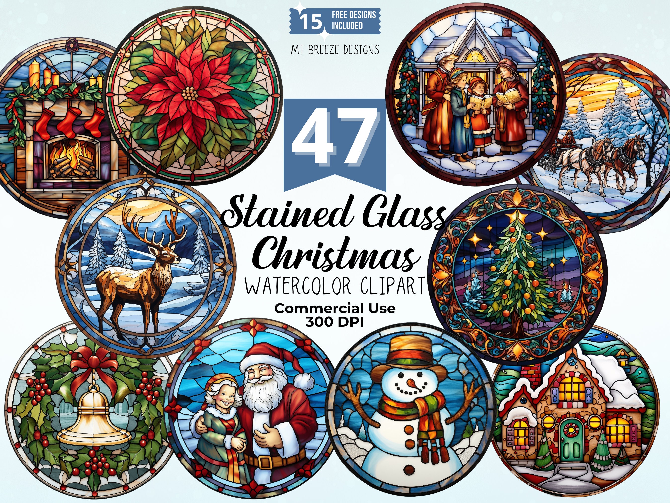 20 Stained Glass Christmas Clipart Set - High Resolution Winter Xmas ...