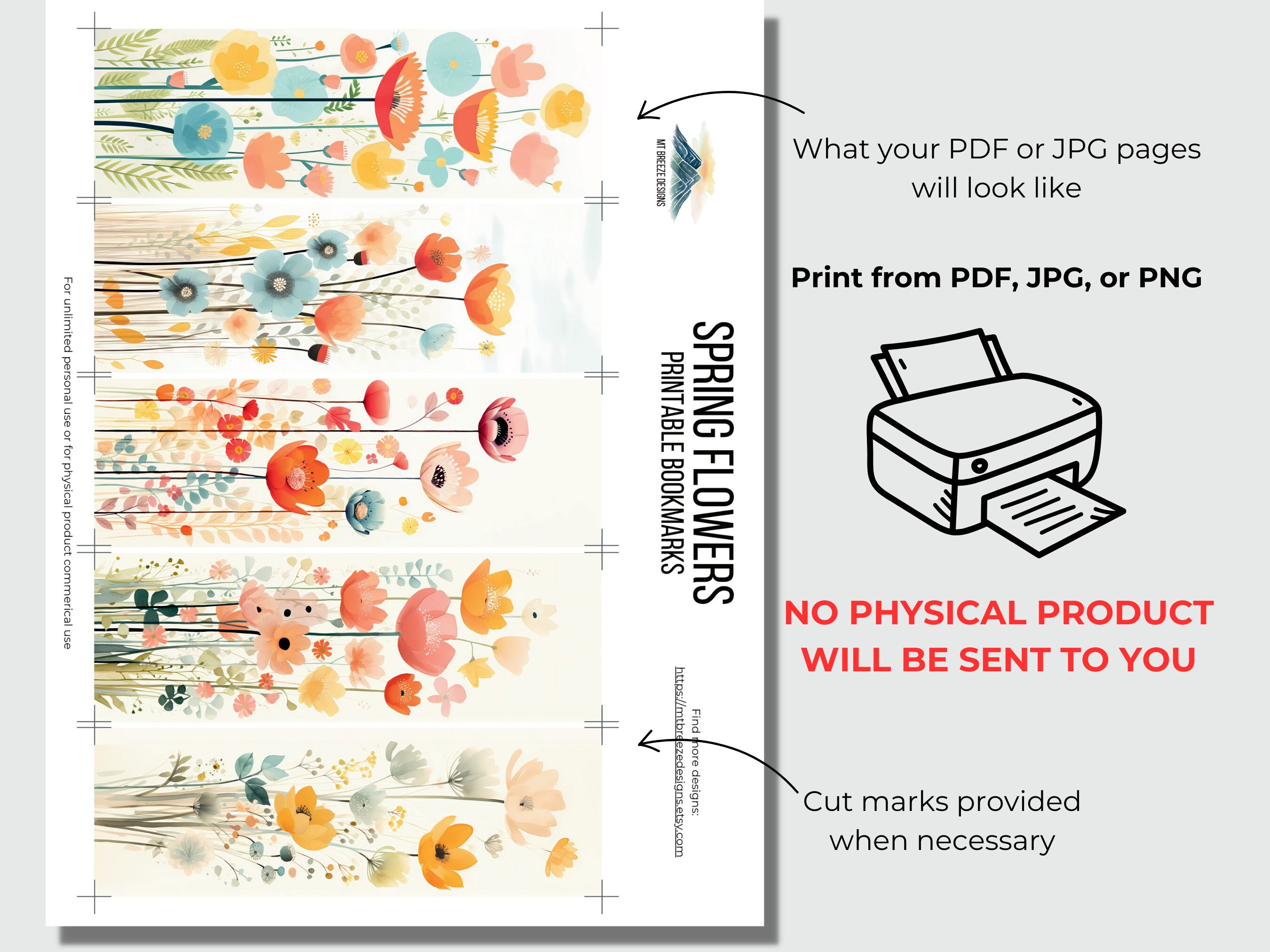 Spring Flowers PRINTABLE Bookmarks, Whimsical Garden Digital Download ...