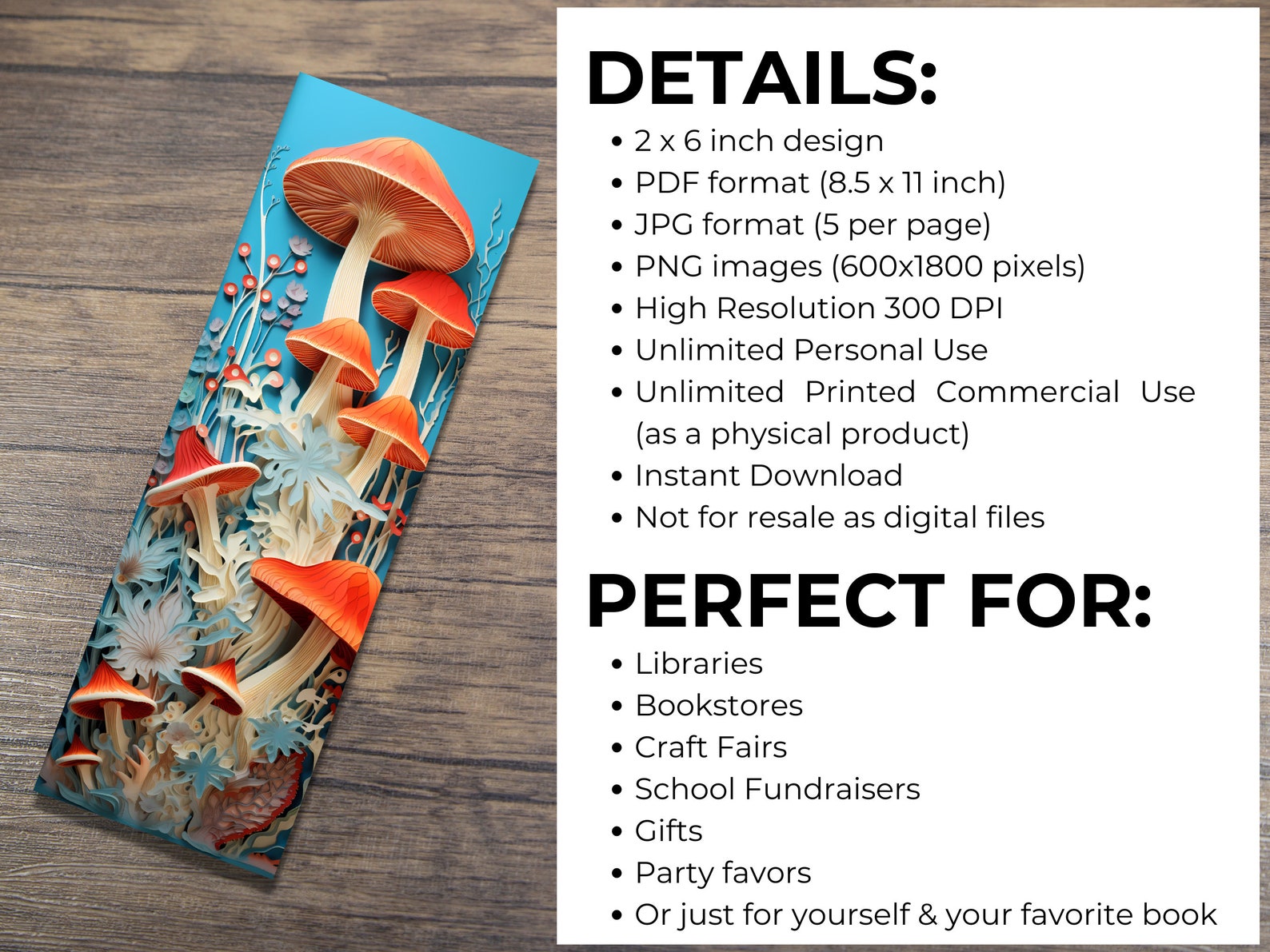 3D Mushroom PRINTABLE Bookmarks, High Resolution Digital Download Paper ...