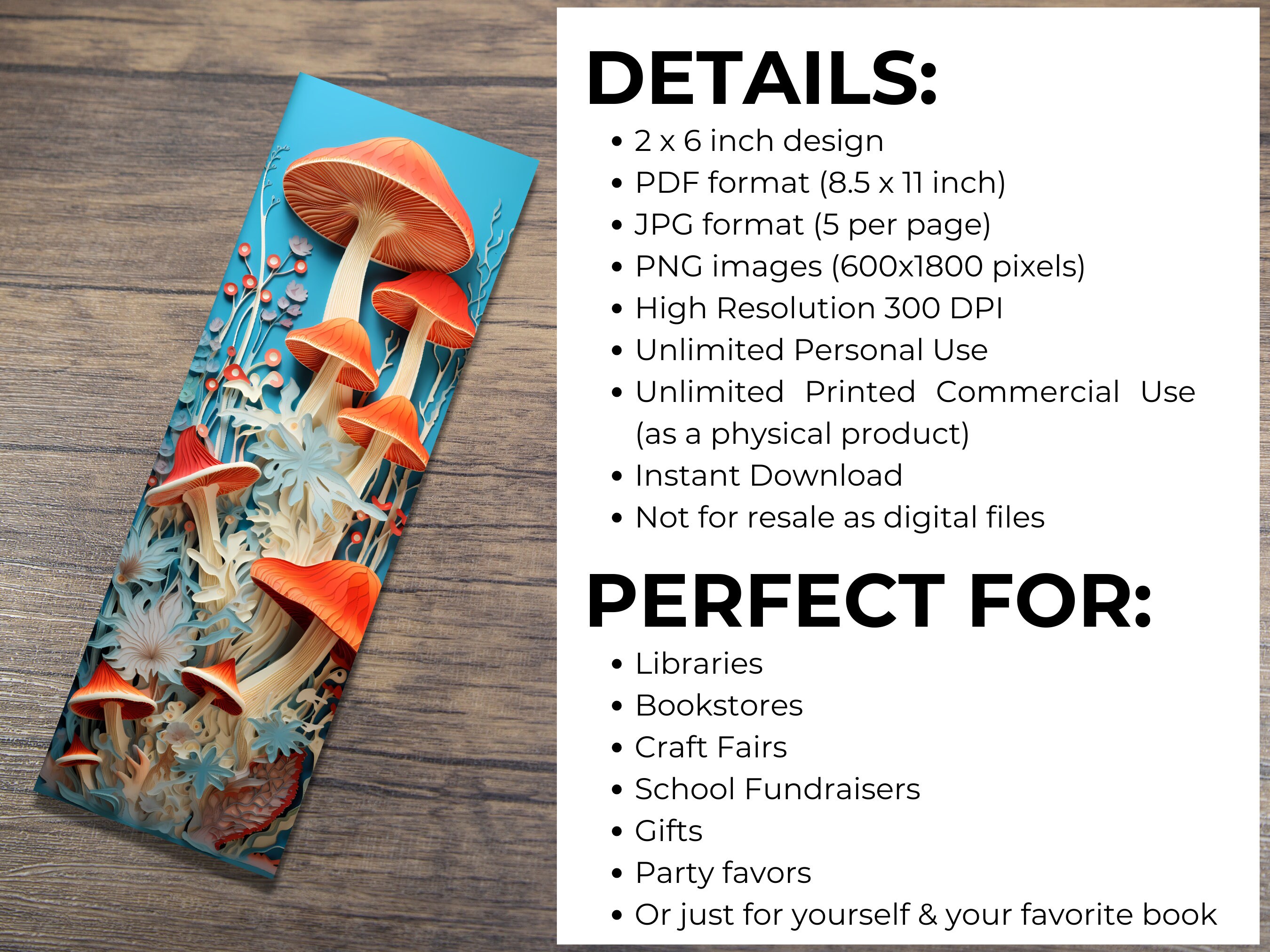 3D Mushroom PRINTABLE Bookmarks, High Resolution Digital Download Paper ...