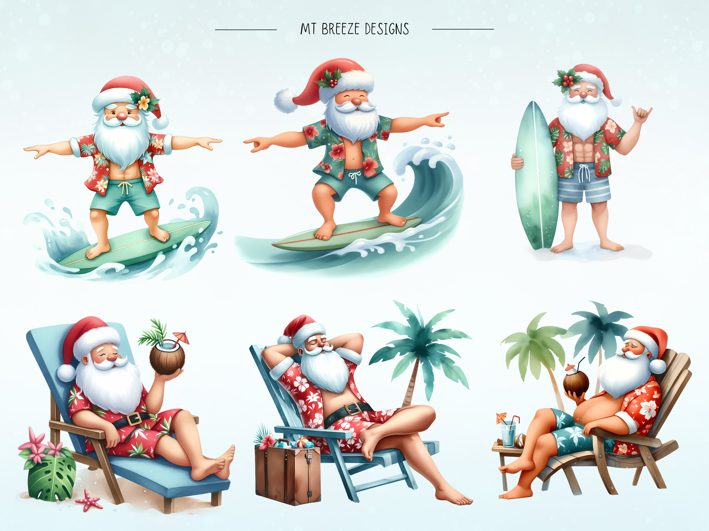 23 Tropical Christmas Clipart Set - High Resolution Surfing Santa Beach ...