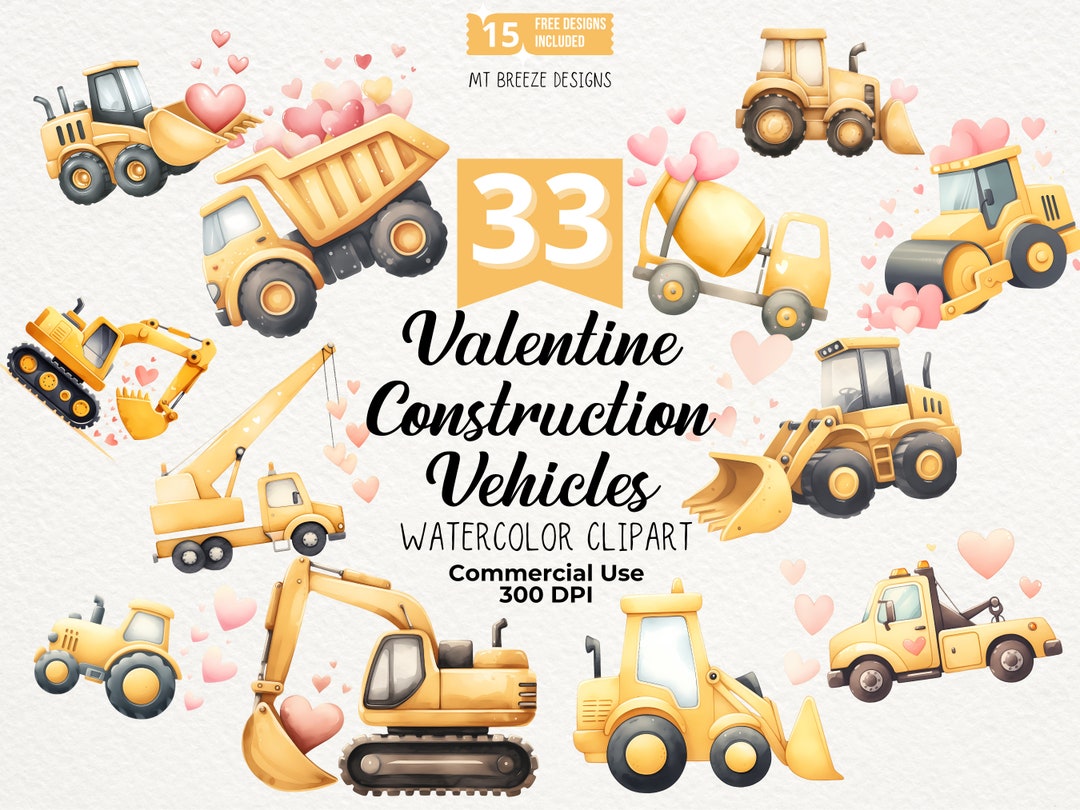 33 Construction Vehicle Valentine Clipart Set - Excavator & Dump Truck ...