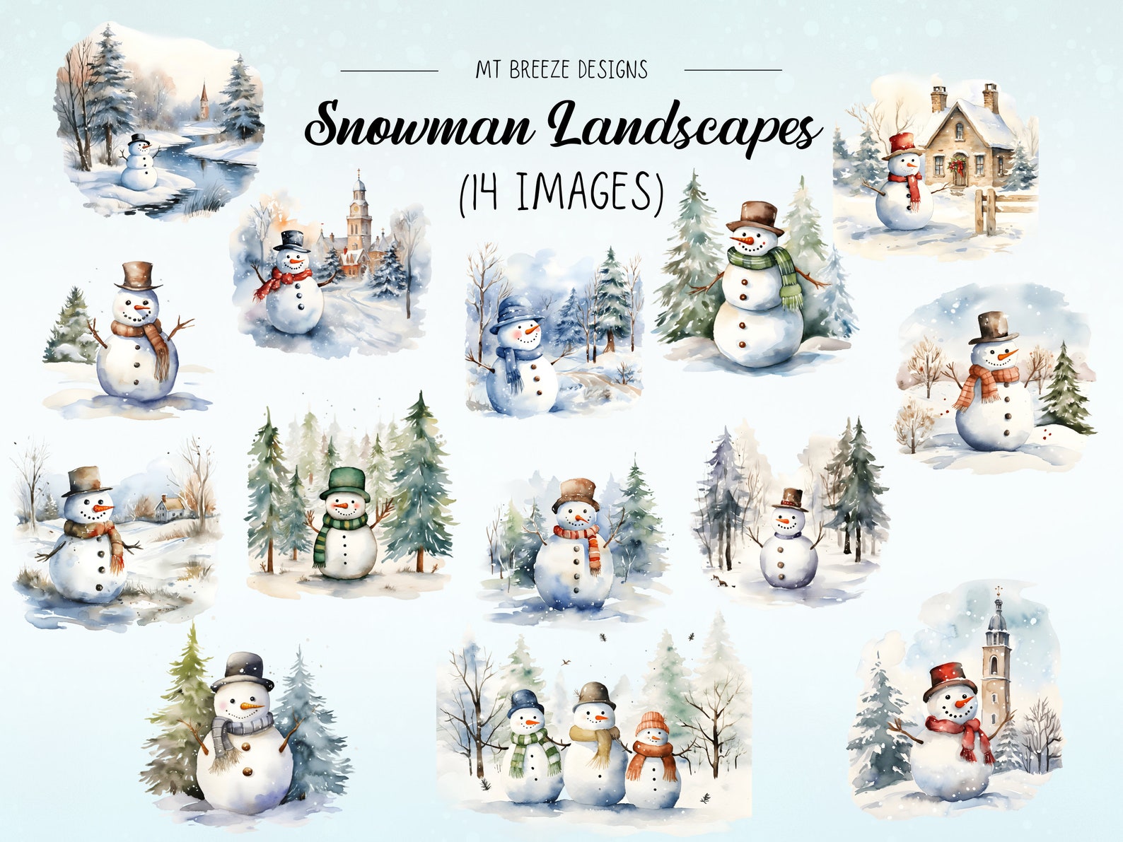 Snowman Scenes Watercolor Clipart Set - High Resolution Xmas Clip Art ...