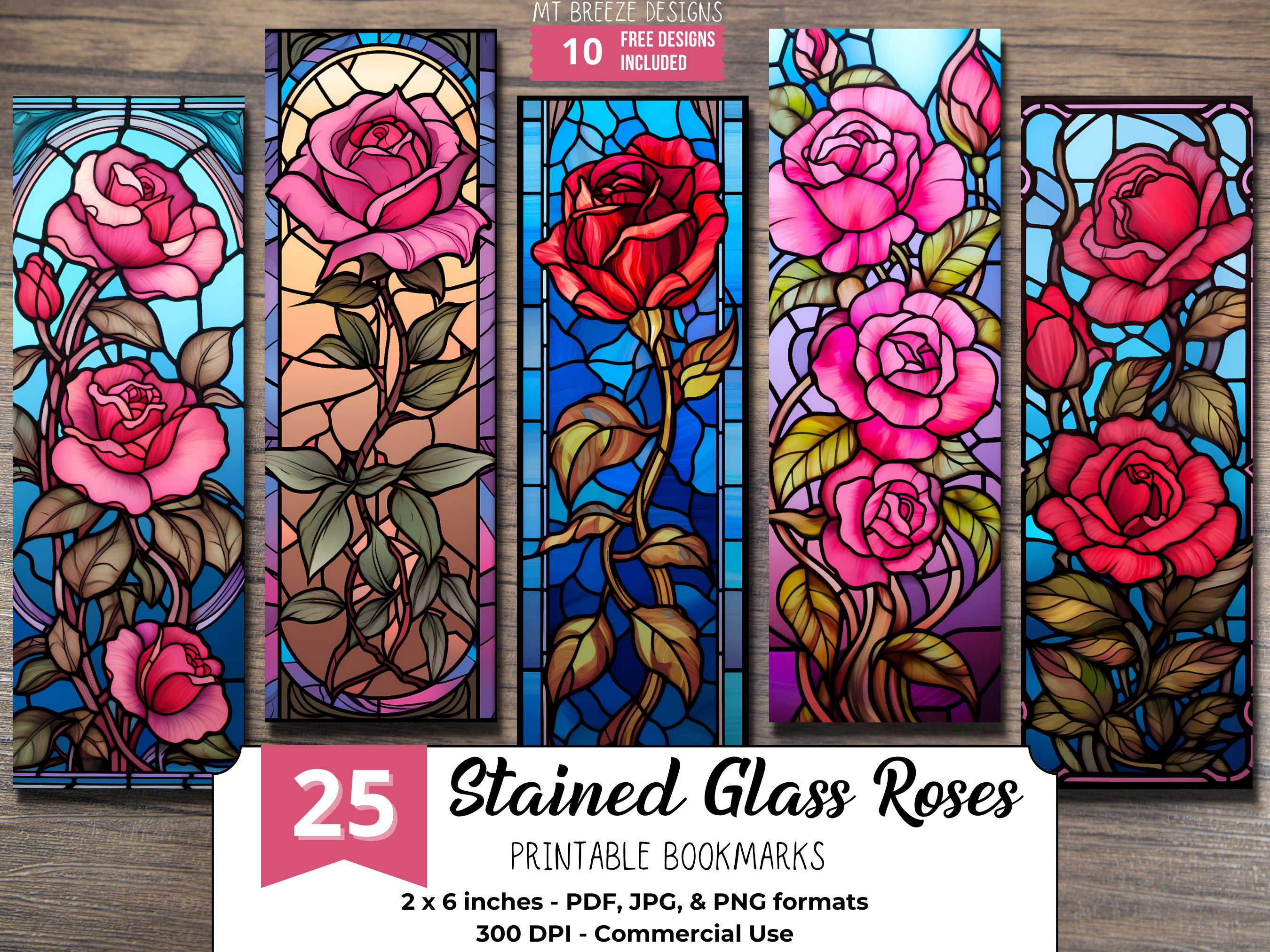 Stained Glass Roses PRINTABLE Bookmarks, High Resolution Digital ...