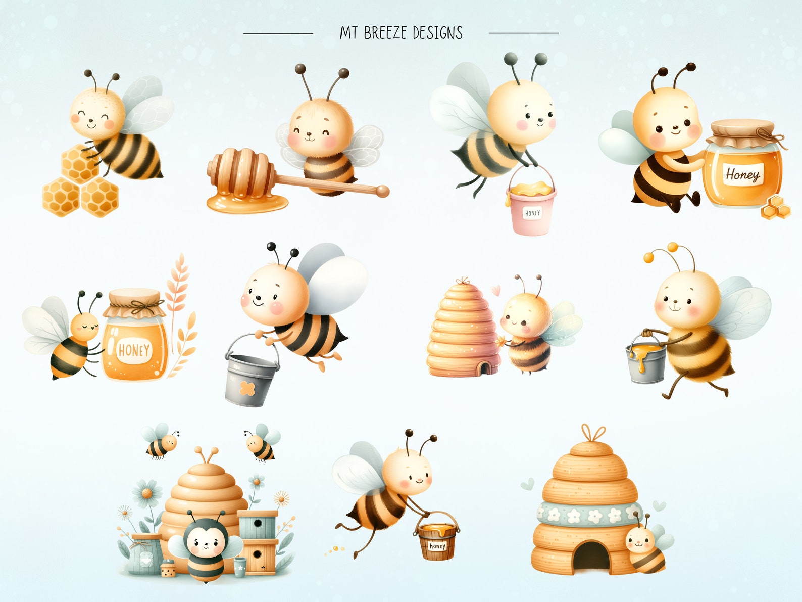 32 Bees Clipart Set - Cute Bee Hive and Honey Comb Clip Art PNG Files ...