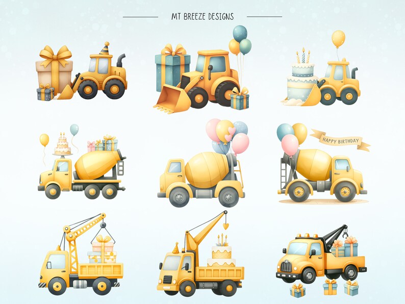37 Birthday Construction Vehicle Clipart Set - Dump Truck Excavator ...