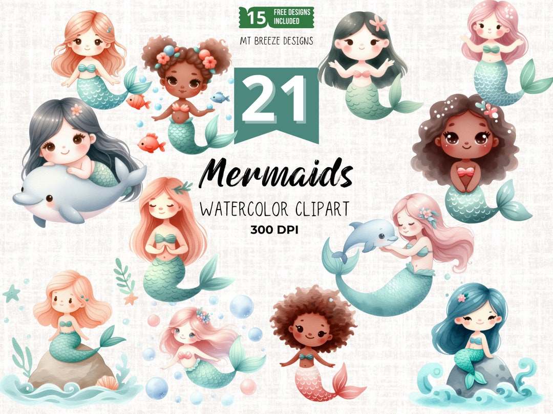21 Mermaid Clipart Set - Cute Fairy Tale Mermaid Clip Art PNG Files for ...