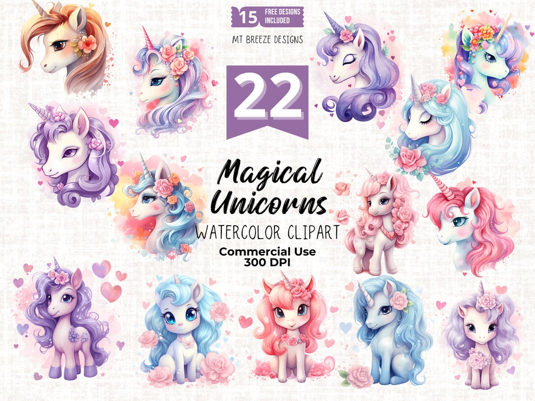 22 Magical Unicorns Watercolor Clipart Set, High Resolution Unicorn ...