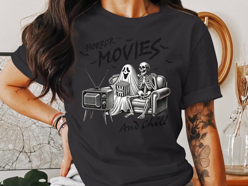 Horror Movies and Chill Graphic Tee, Spooky Halloween T-shirt or ...