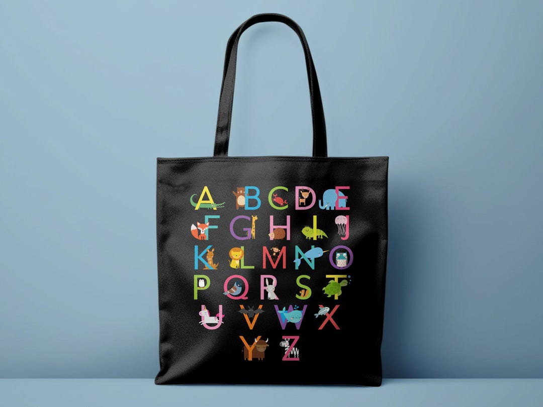 Colorful ALPHABET Letters With Cute ANIMALS Printed Black TOTE Bag ...