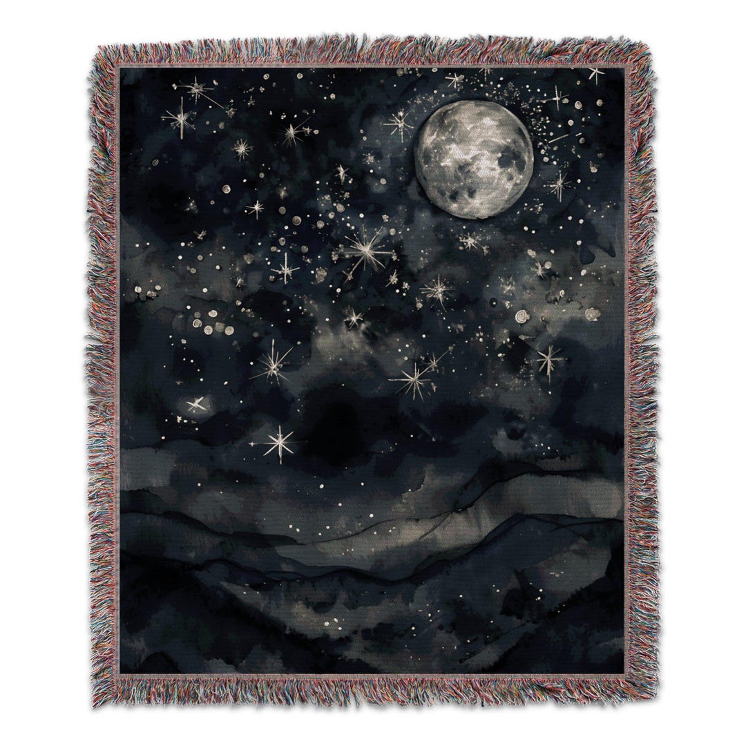 Celestial Moon Stars Woven Blanket, Night Sky Tapestry Art, Cozy ...