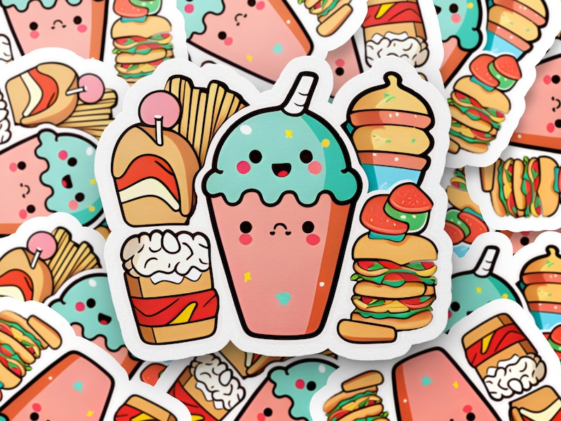 Cute Food Stickers Set, Kawaii Die Cut Stickers, Vinyl Decal, Burger ...