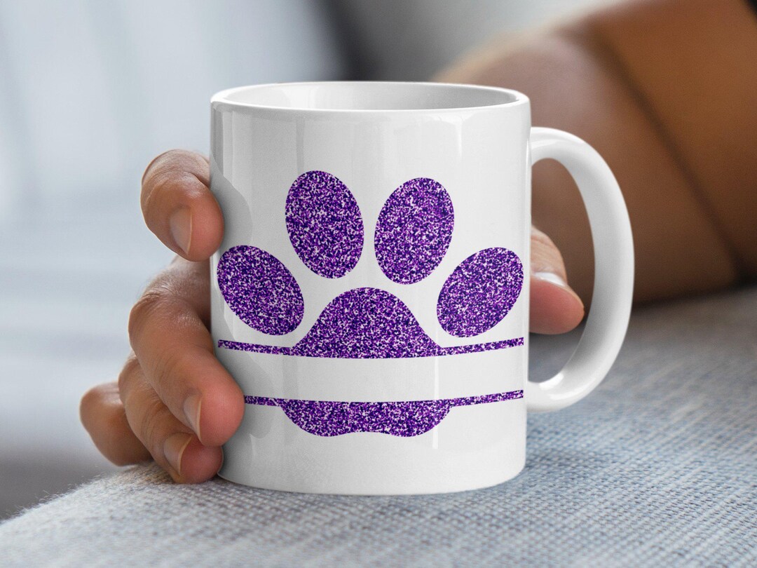 Personalized Paw Print Mug, Glitter Look Coffee Cup, Purple Paw Print ...