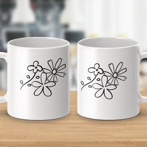 Floral Line Art Mug, Minimalist Flower Sketch Coffee Cup, Botanical ...