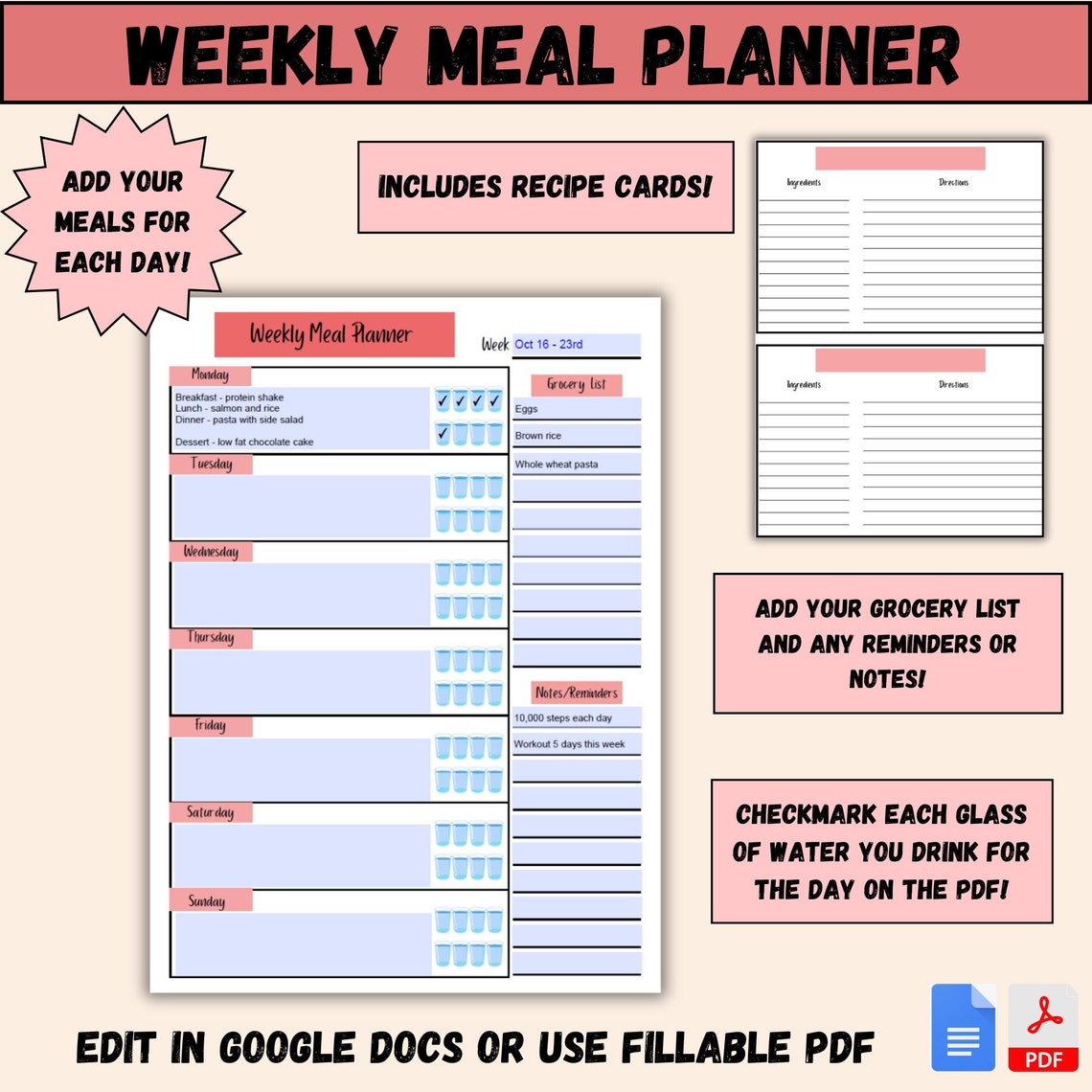 Weekly Meal Planner Editable Google Docs Fillable PDF - Etsy