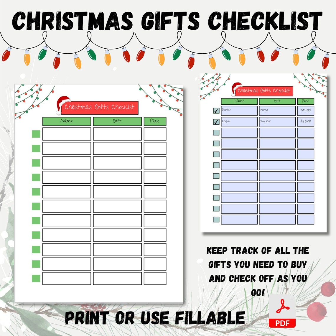 Christmas Gifts Checklist, Fillable PDF, Printable, Holiday Tracker, Xmas Planner, Gift Budget ...