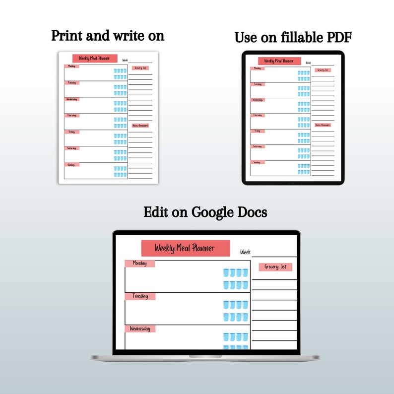 Weekly Meal Planner, Editable Google Docs, Fillable PDF, Healthy, Food Tracker, Grocery List ...