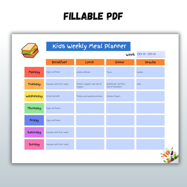Kids Weekly Meal Planner, Colorful Design, Schedule, Food Tracker, Kids ...