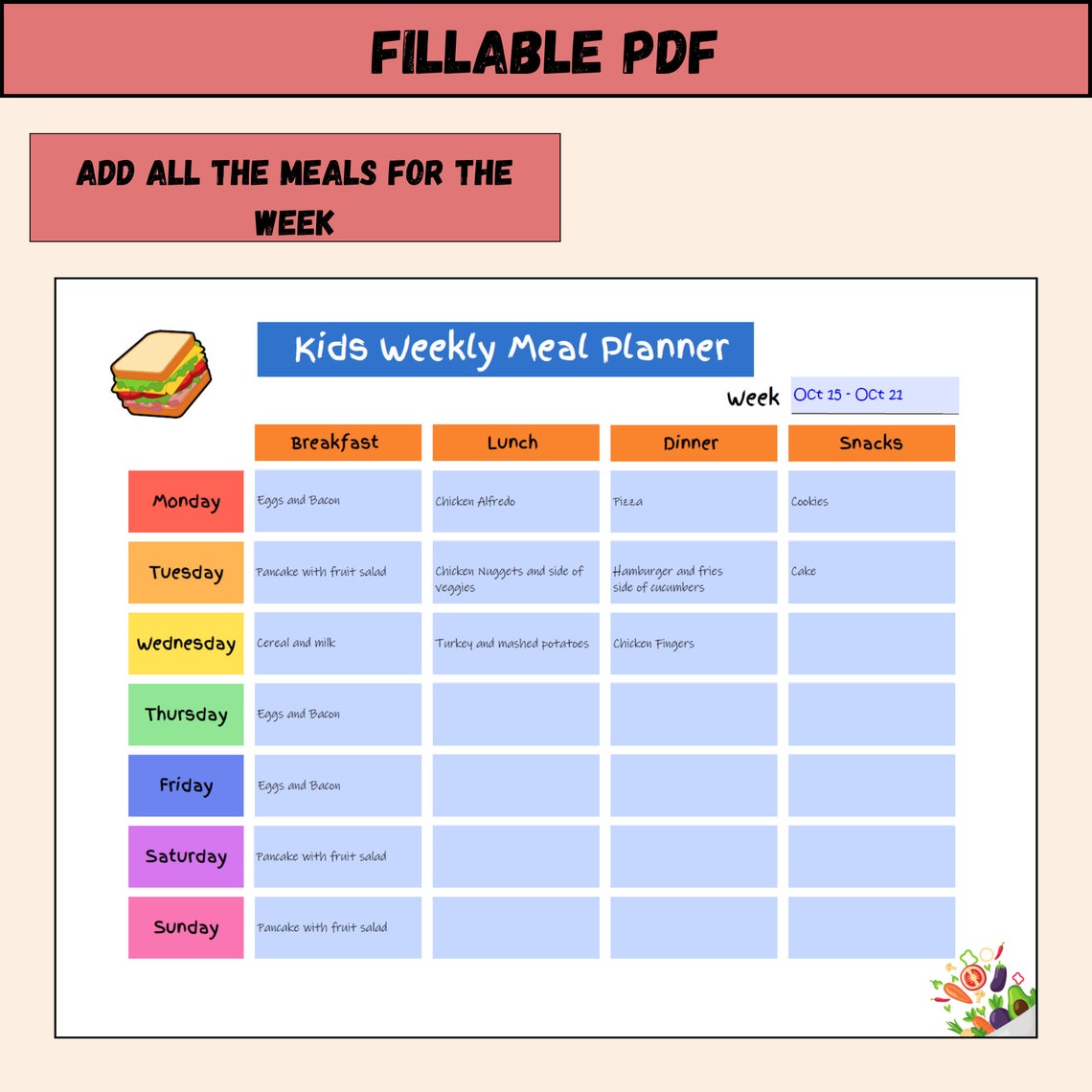 Kids Weekly Meal Planner Colorful Design Schedule Food - Etsy